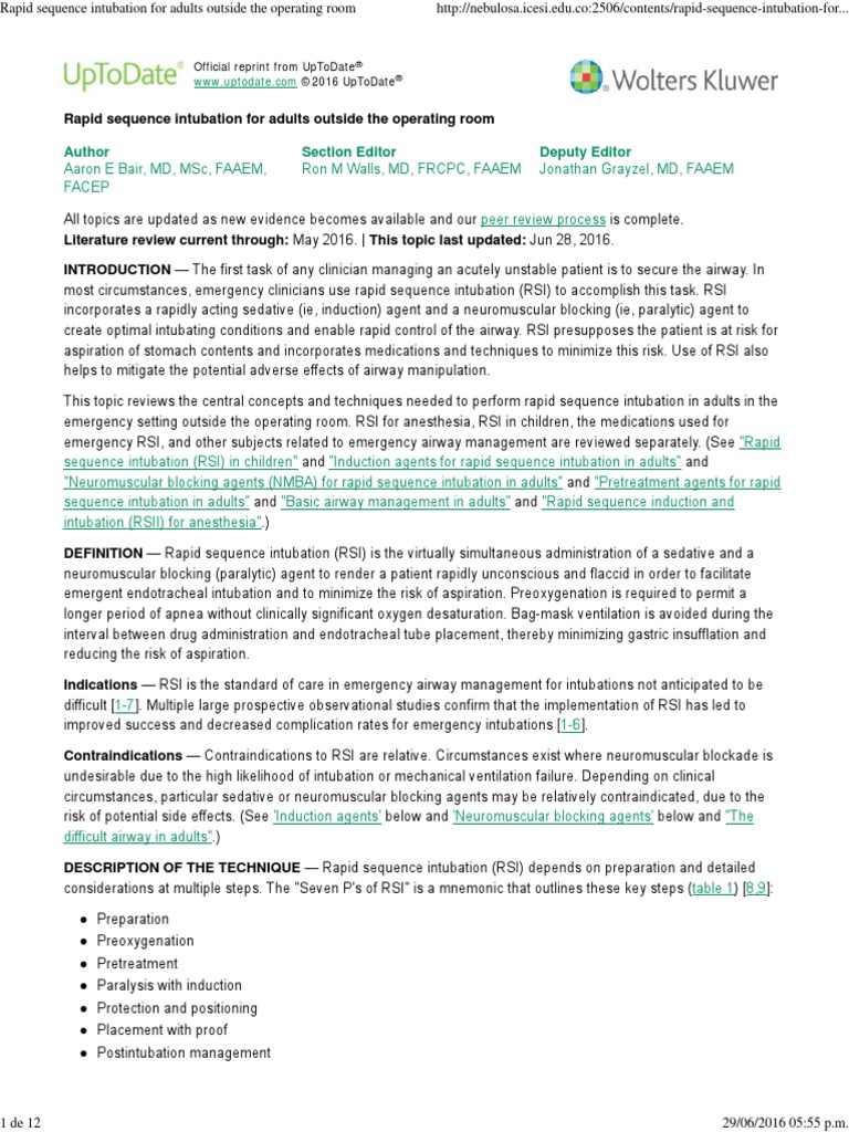 Rapid Sequence Intubation For Adults Outside The Operating Room | PDF ...