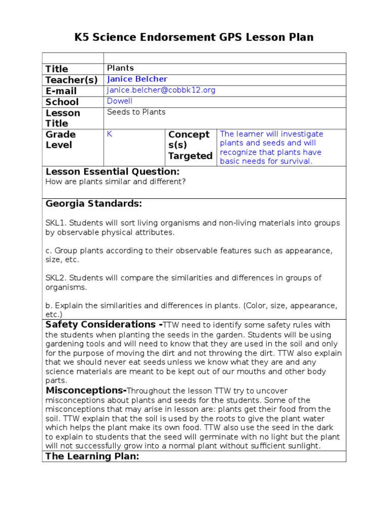 K5 Science Endorsement GPS Lesson Plan | PDF | Seed | Flowers
