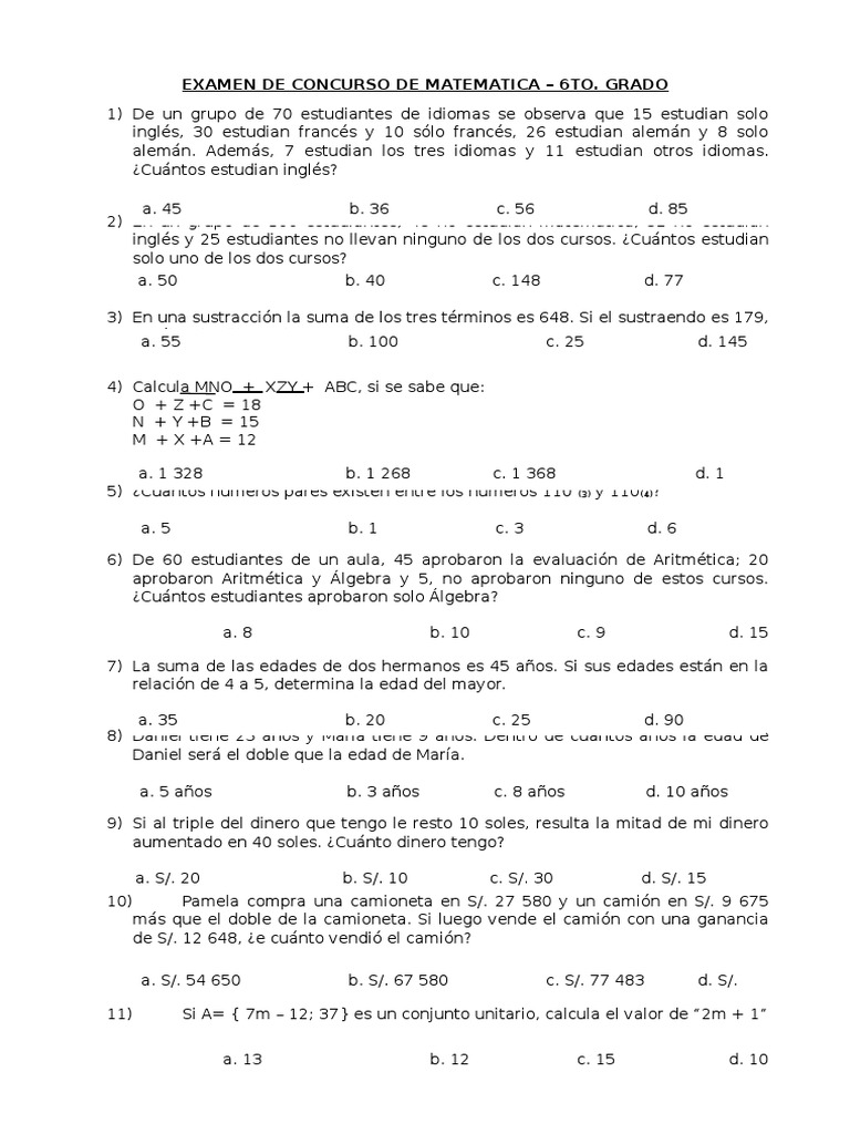 Modelo de Examen de Concurso | PDF | Sustracción | División (Matemáticas)