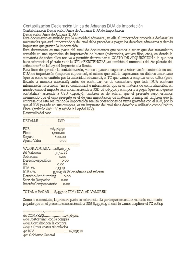Contabilización Declaración Única de Aduanas DUA de Importación