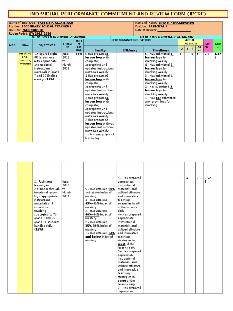 Individual Performance Commitment and Review Form (Ipcrf) : To Be ...