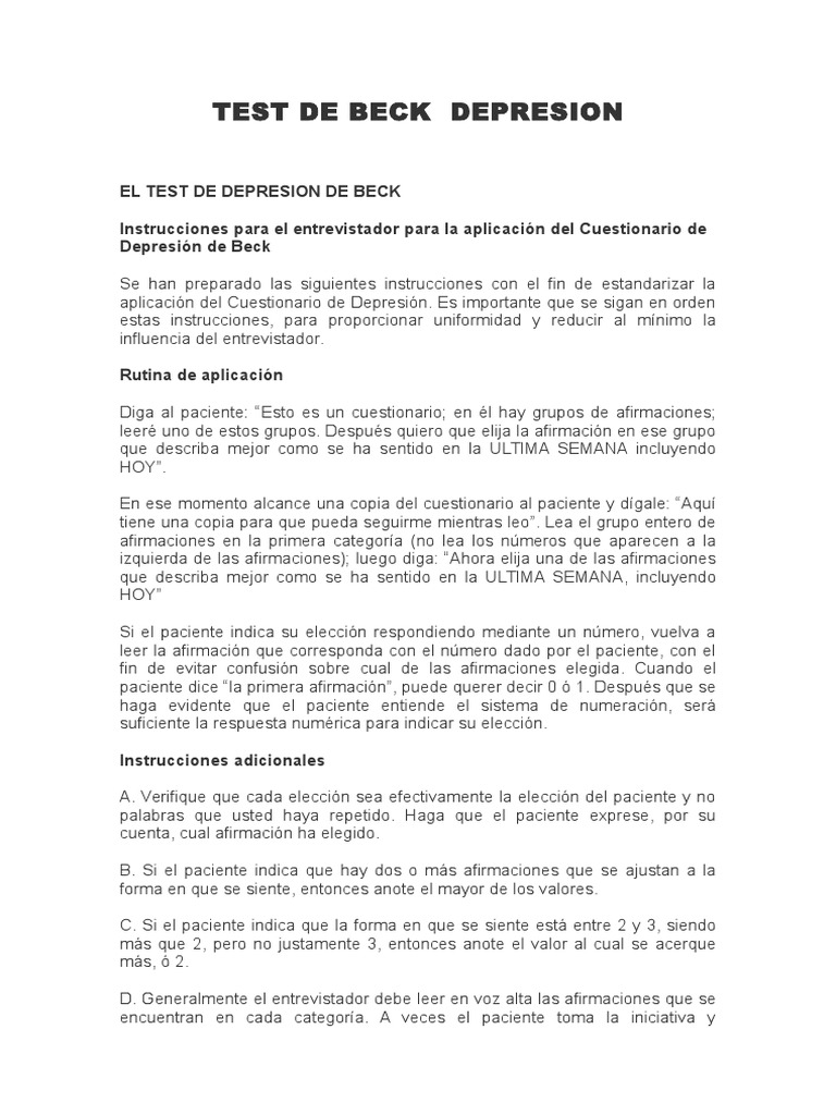 Escala de Depresión de Beck | Depresión (estado de ánimo) | Trastorno ...