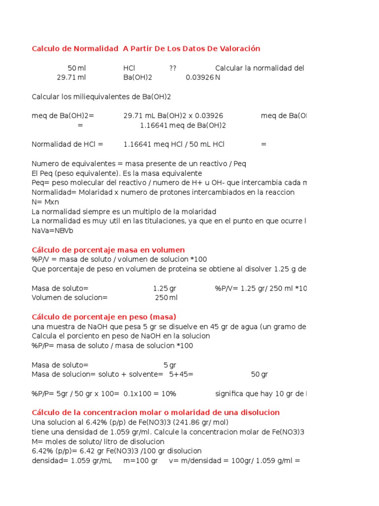 Calculo Normalidad, Porcentaje Masa en Volumen y Masa, Concentracion ...