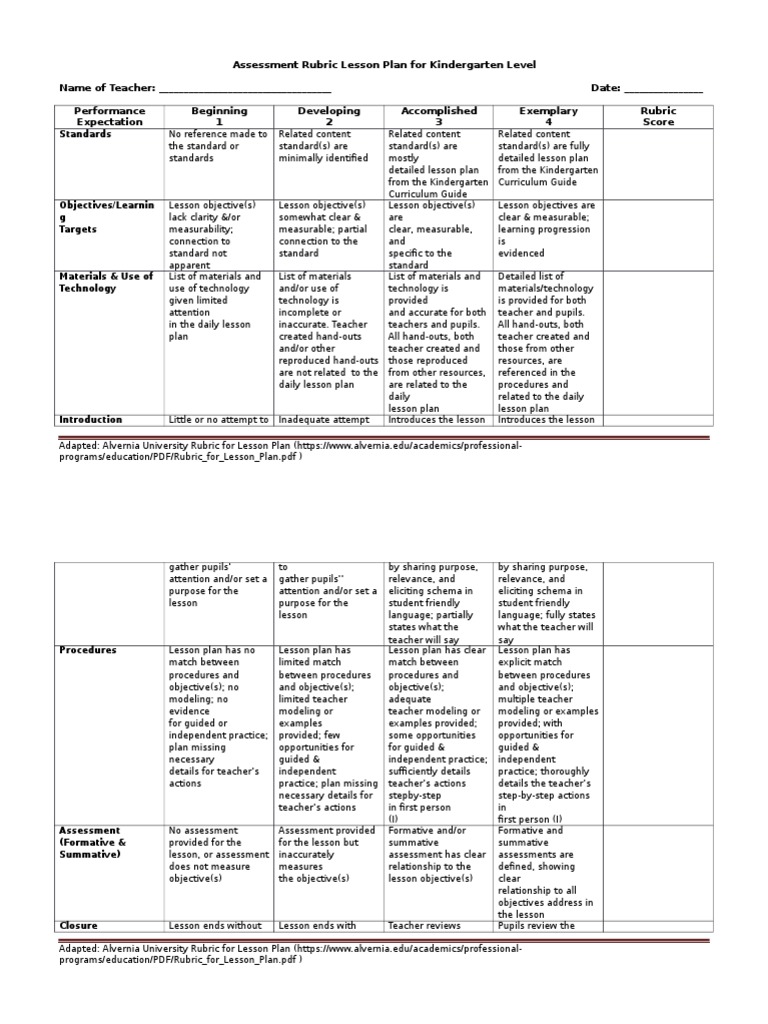 Kindergarten Assessment Rubric Guide | PDF | Lesson Plan | Educational ...