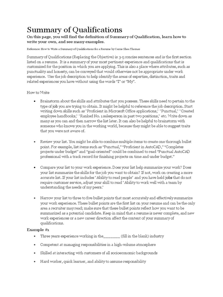 Summary of Qualifications | Competence (Human Resources ...