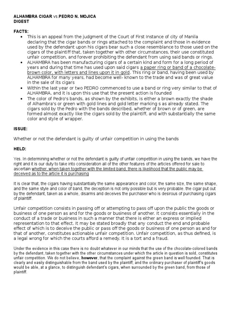 Alhambra Cigar Vs - Pedro N. Mojica Digest Facts | PDF
