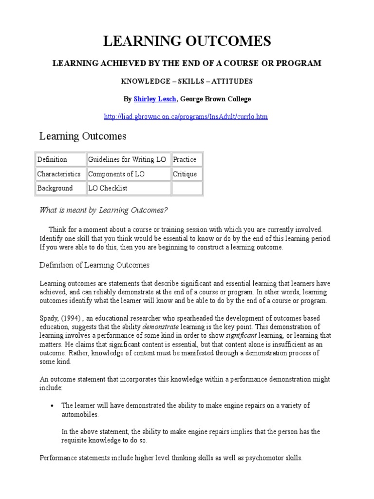 Learning Outcomes and Samples | PDF | Educational Assessment | Learning