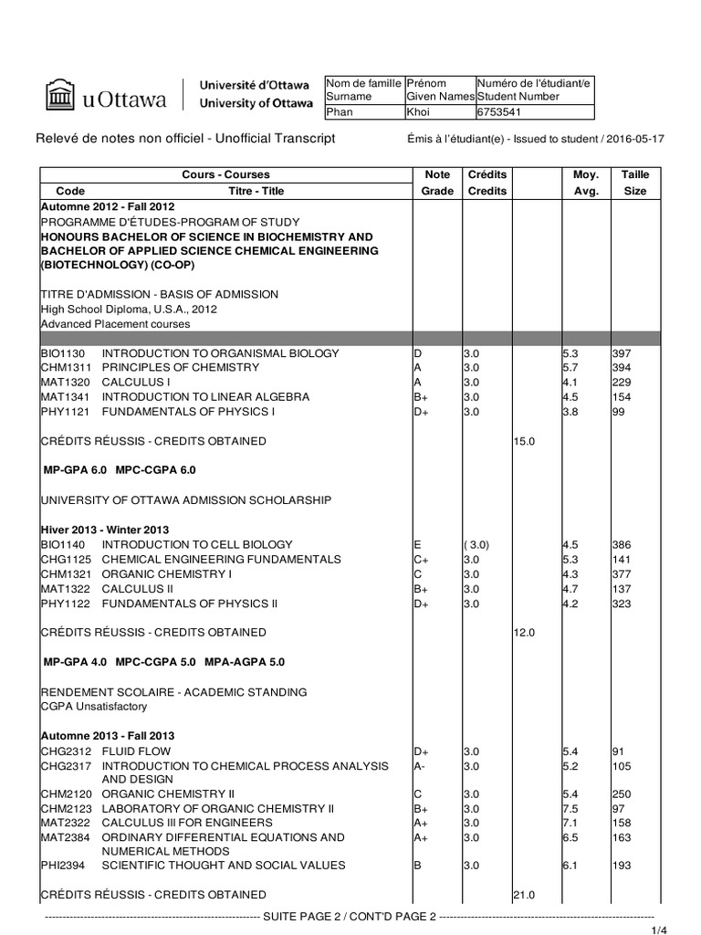 Uottawa - Releve de Notes Non Officiel - Unofficial Transcript-6753541 ...