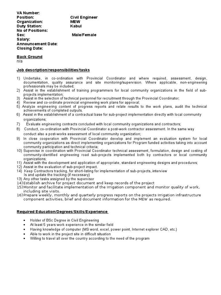 ToR for Civil Engineer | Engineering | Evaluation