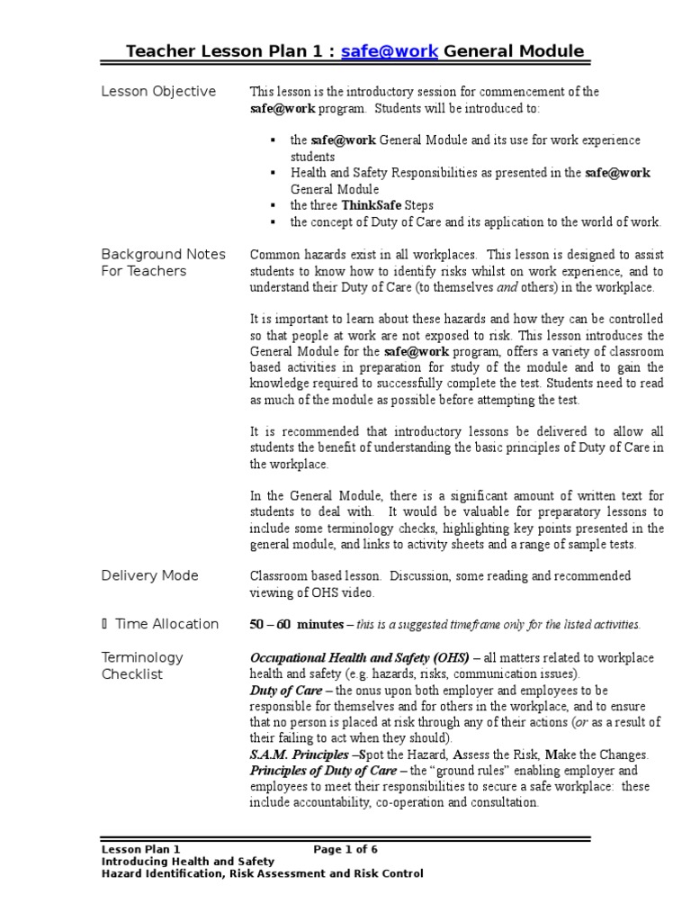 SW Lesson Plan 1 | PDF | Occupational Safety And Health | Lesson Plan