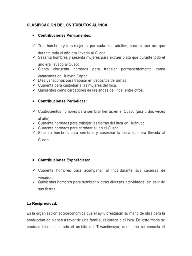 Clasificacion de Los Tributos Al Inca | PDF | Imperio Inca | Impuestos