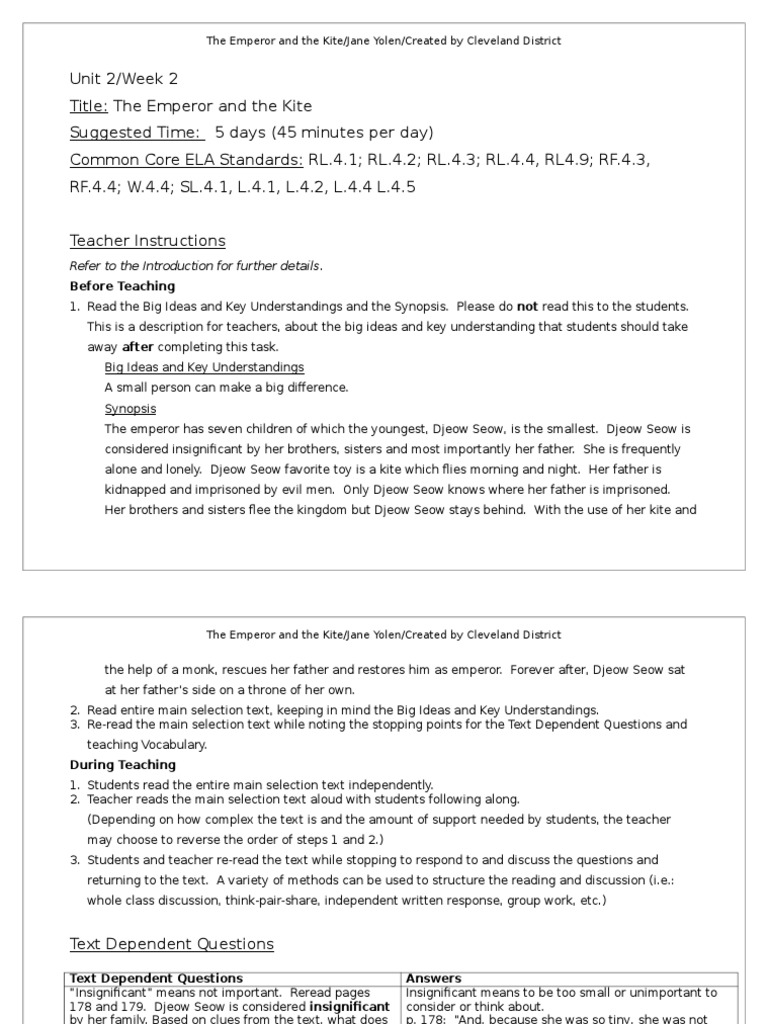 The Emperor and the Kite Lesson Plan | PDF | Teaching And Learning