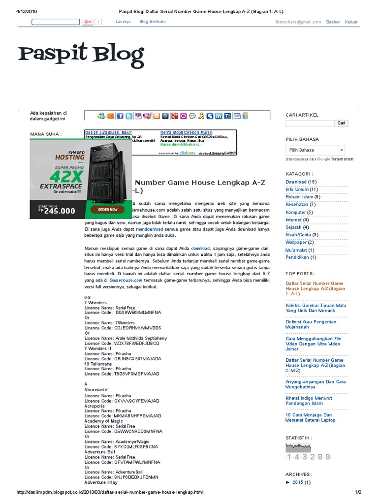Daftar Serial Number Game House Lengkap A-Z (Bagian 1 - A-L) | PDF