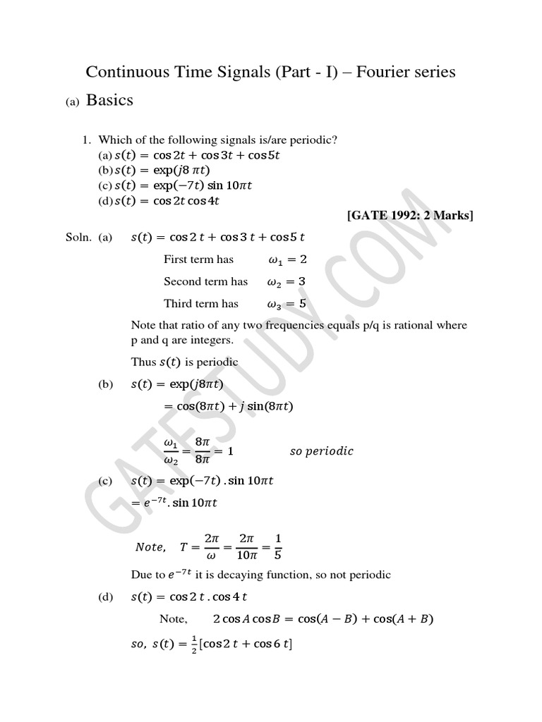Continuous Time Signals Part I Fourier Series | PDF | Trigonometric ...