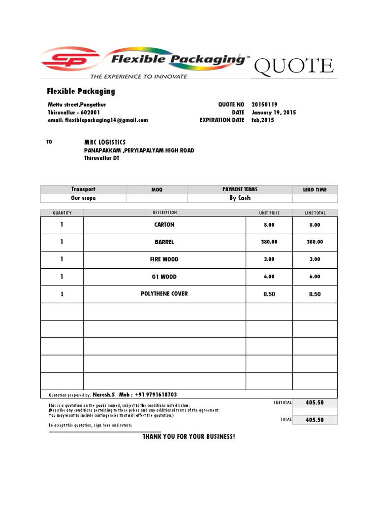 Quotation for Transport and Packaging Materials from Flexible Packaging ...