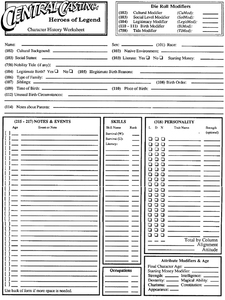 Central Casting - Character History Worksheet | PDF
