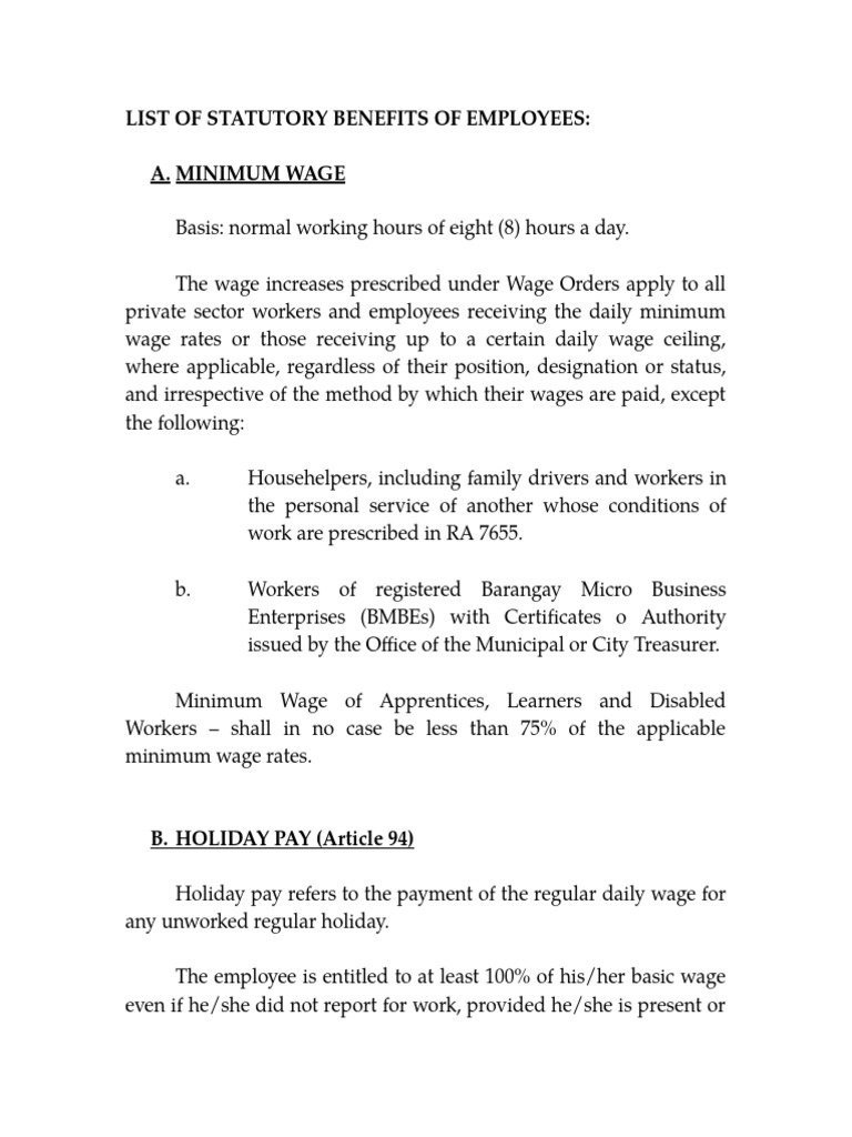 List of Statutory Benefits of Employees | PDF | Overtime | Parental Leave
