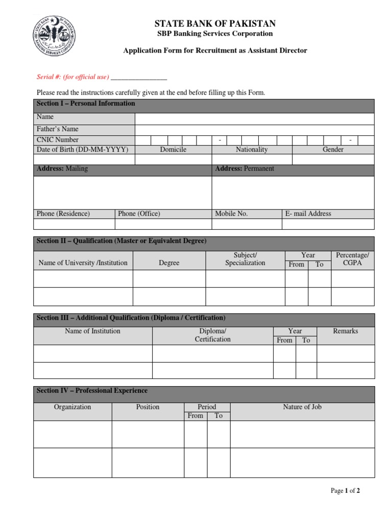 SBP Assistant Director Recruitment Form | PDF | Government | Justice