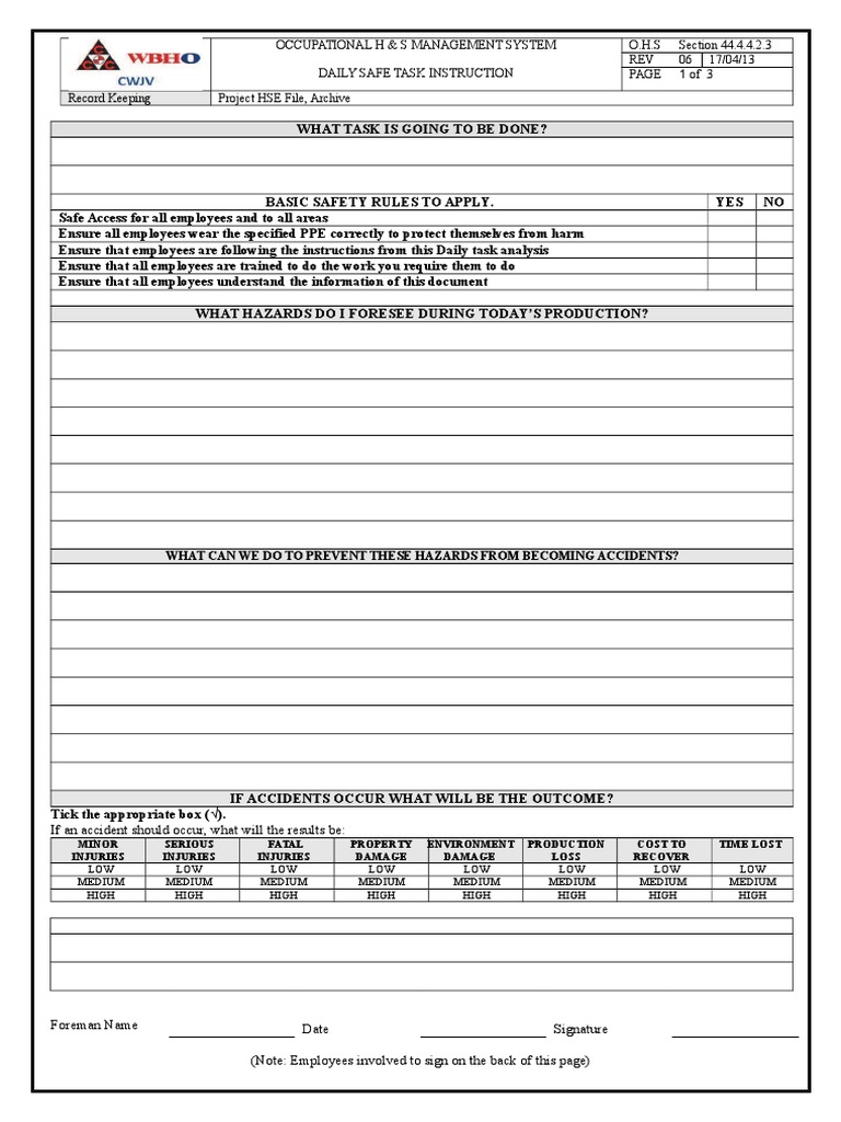 Daily Safe Task Instruction Template | PDF