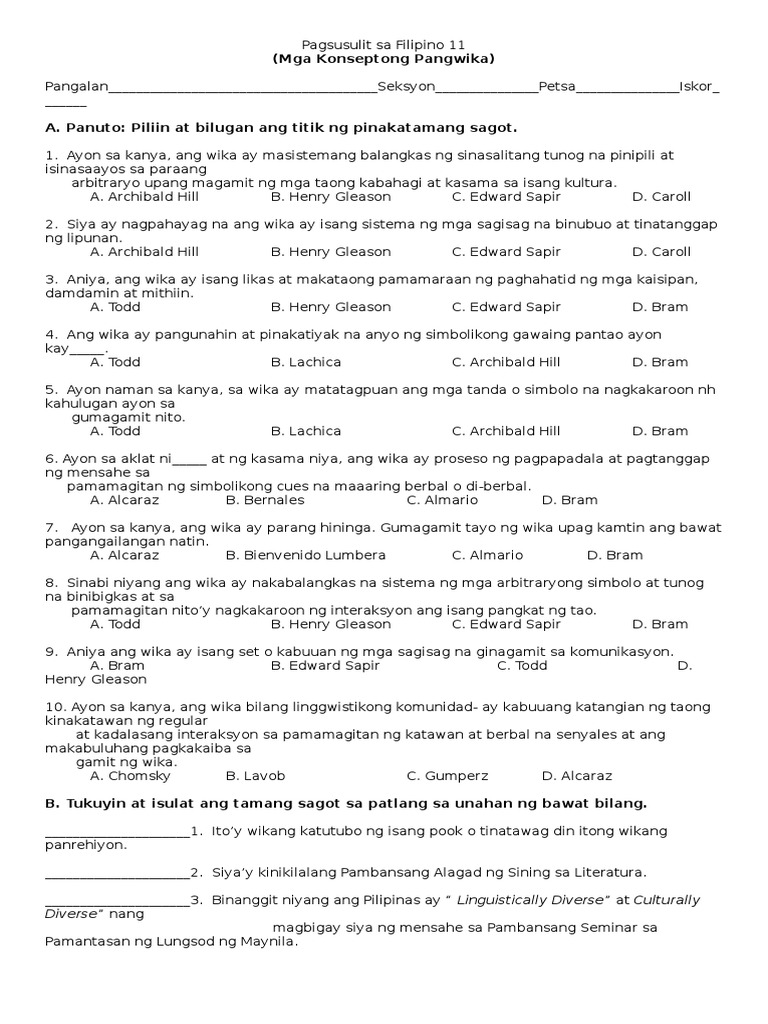 Pagsusulit Sa Filipino Grade 11 Konsepto Ng Wika