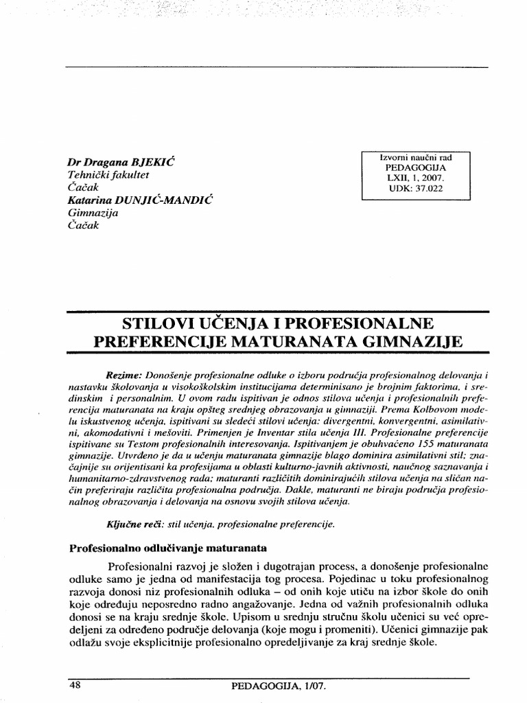 0031-Stilovi Ucenja I Profpref Za Pedagogiju | PDF