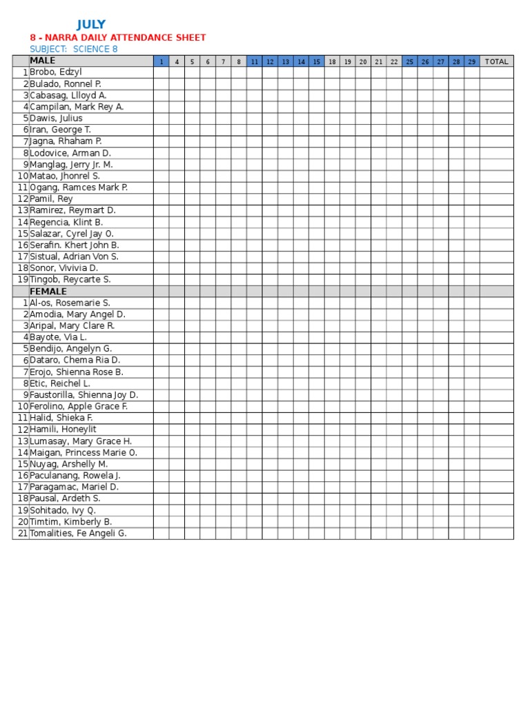 Daily Attendance Sheet For Monthly Use | PDF