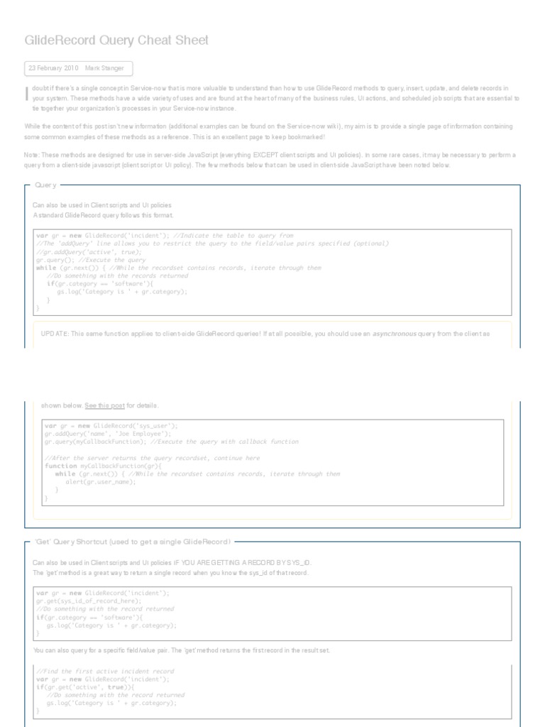 GlideRecord Query Cheat Sheet - ServiceNow Guru | PDF | Dynamic Web ...