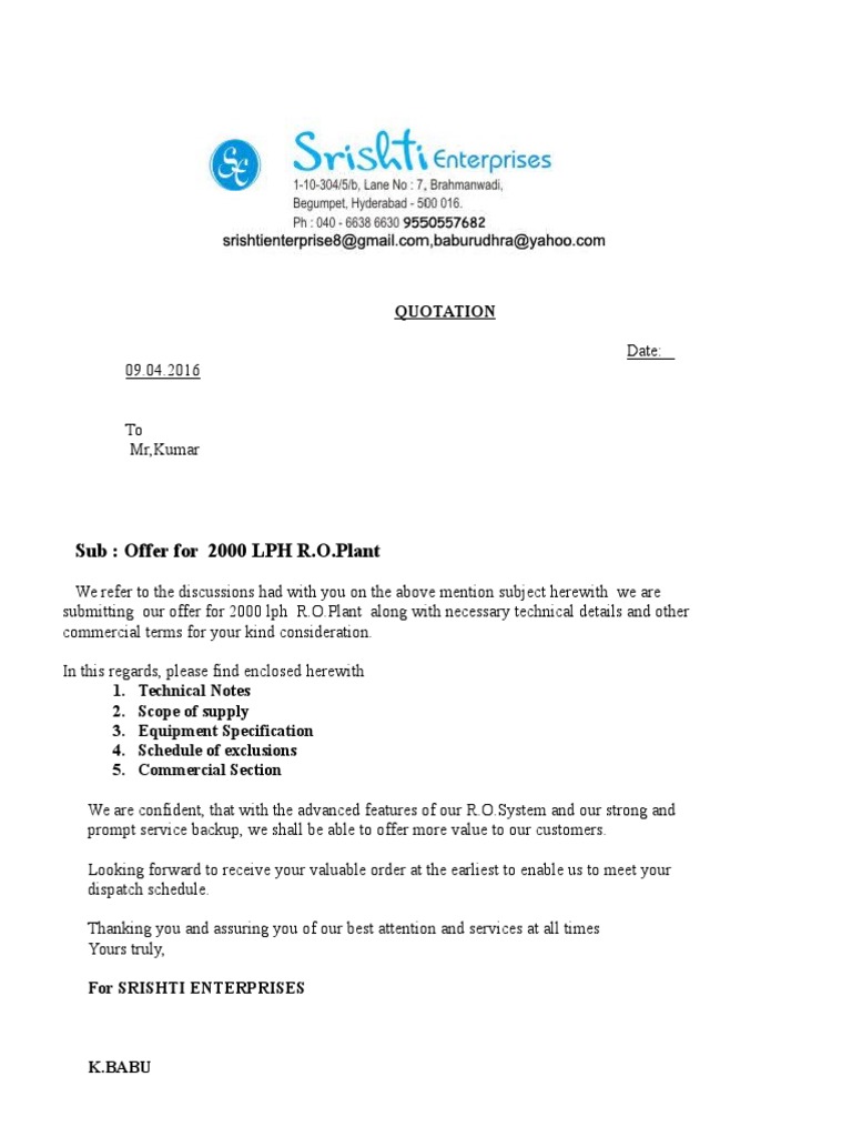 Quotation For 2 KL Ro PLANT | PDF | Filtration | Membrane
