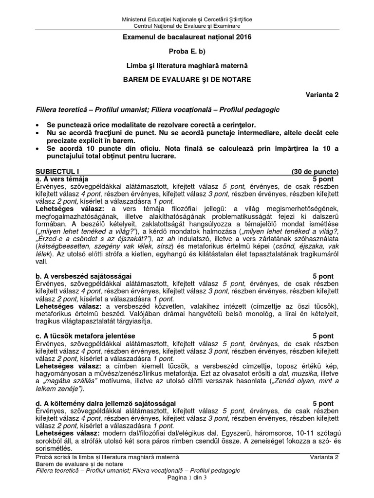Bacalaureat 2016. Proba La Limba Maternă - Barem Limba Maghiară, Profil ...
