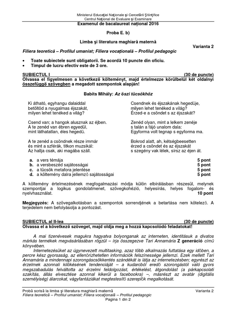 Bacalaureat 2016. Proba la Limba maternă - Subiecte Limba Maghiară ...