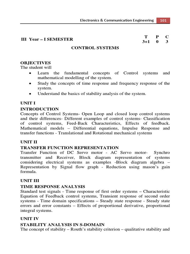 Syllabus Control Systems ECE R13 | PDF | Control Theory | Electronic Engineering