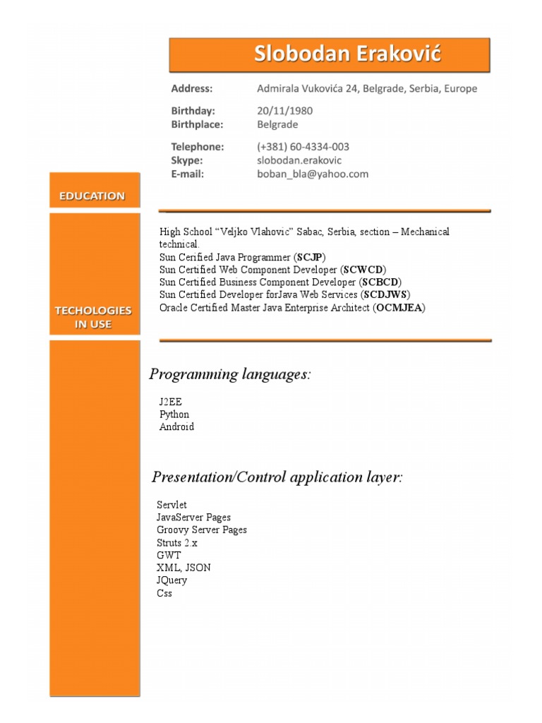 CV-Java Architect-Slobodan Erakovic | PDF