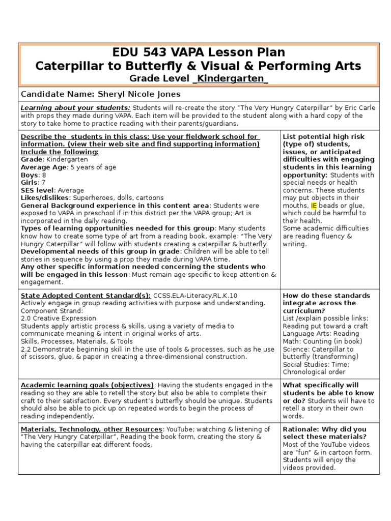 Kindergarten VAPA Lesson Plan: Caterpillar Story | PDF | Lesson Plan ...
