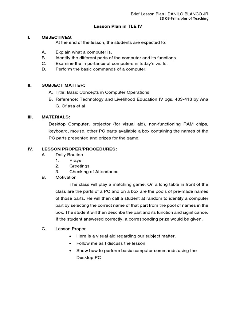 Brief Lesson Plan in TLE | Download Free PDF | Lesson Plan | Office ...