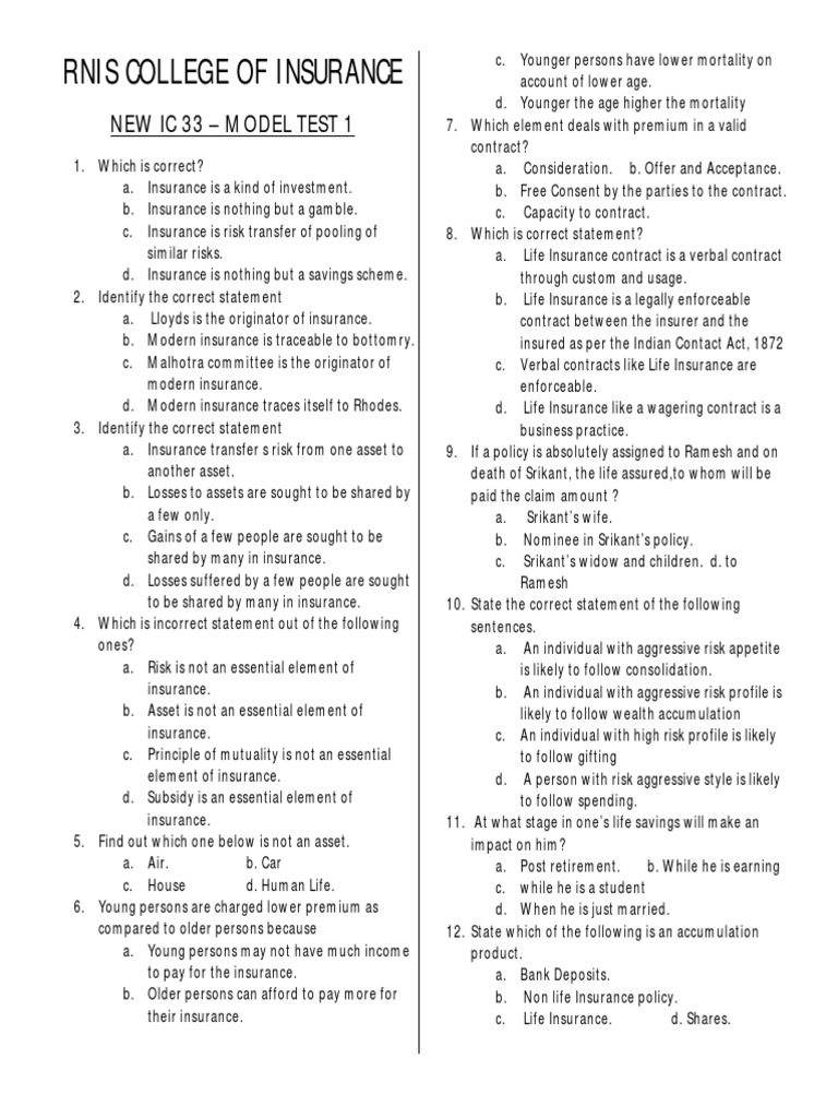 IC-33 Model Questions | PDF | Life Insurance | Insurance
