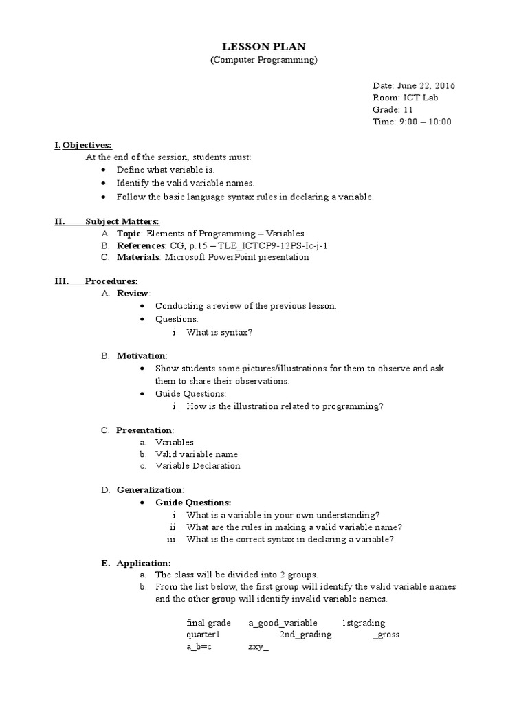 Lesson Plan: (Computer Programming) | PDF | Variable (Computer Science ...