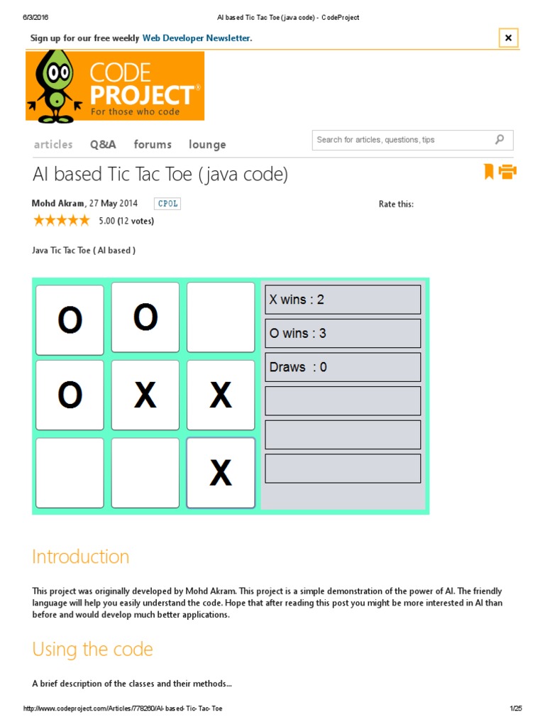 AI Based Tic Tac Toe (Java Code) - CodeProject | PDF | Computer File | Java (Programming Language)