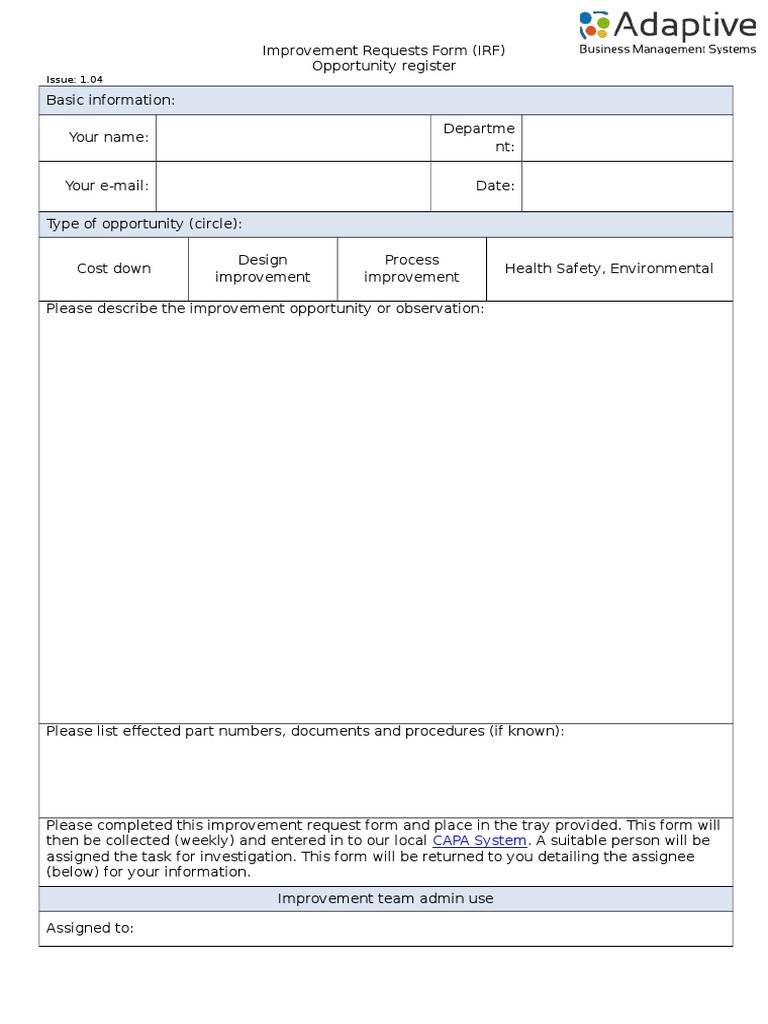 Improvement Request Form AdaptiveBMS.docx | Implied Warranty | Damages