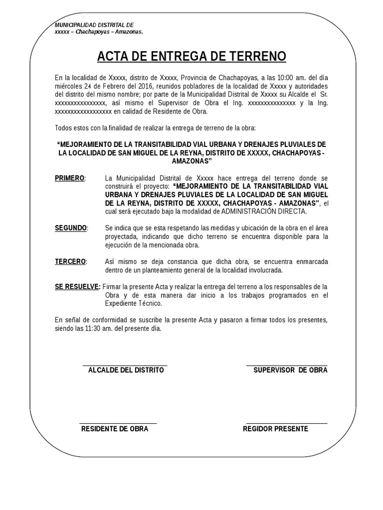 Acta De Entrega De Terreno Pdf