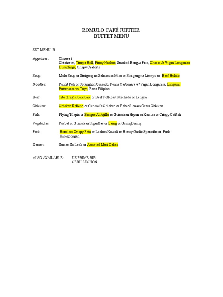 Romulo Café Jupiter Buffet Menu | PDF
