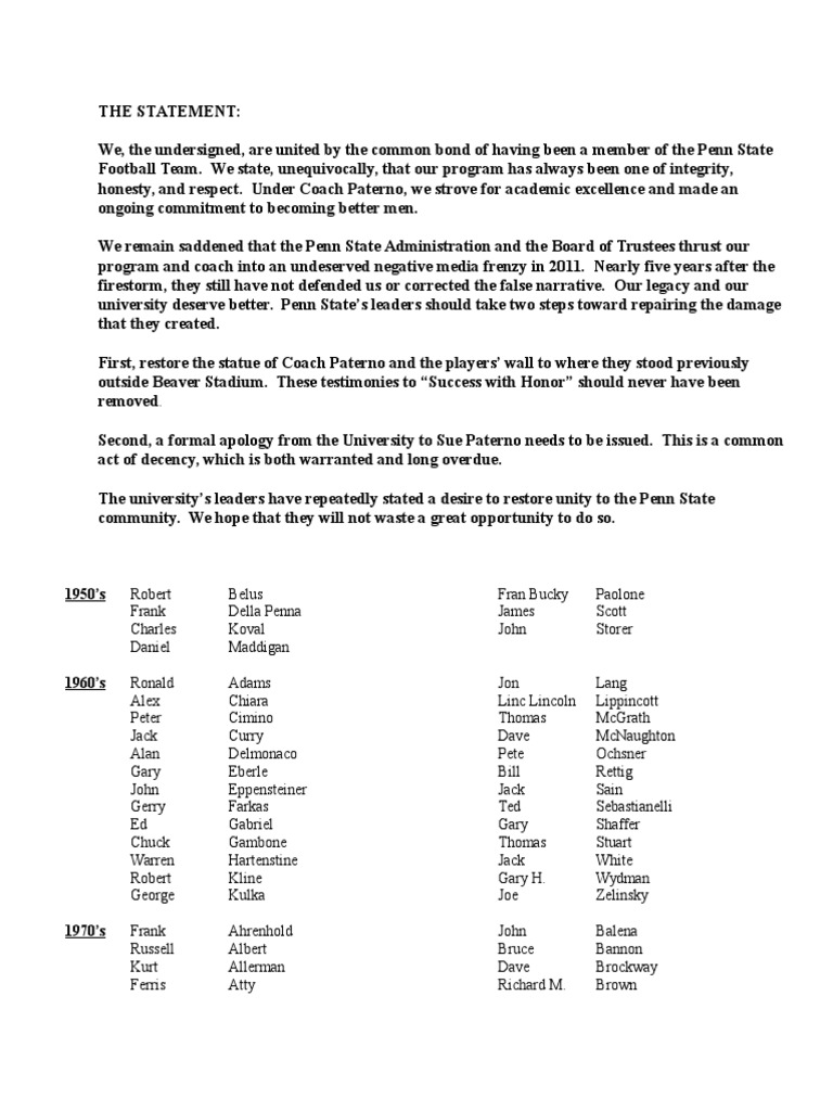 Penn State Lettermen Statement | PDF | Pennsylvania State University ...