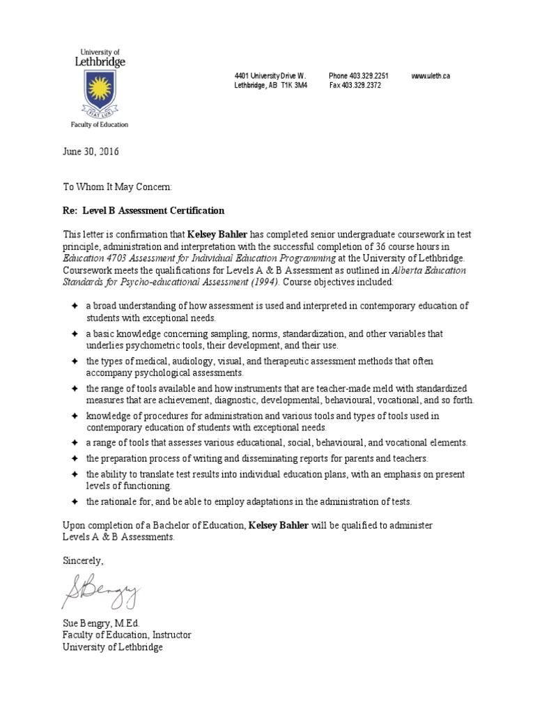 2016 Ed 4703 LVL B Assessment Certificate Bahler | PDF