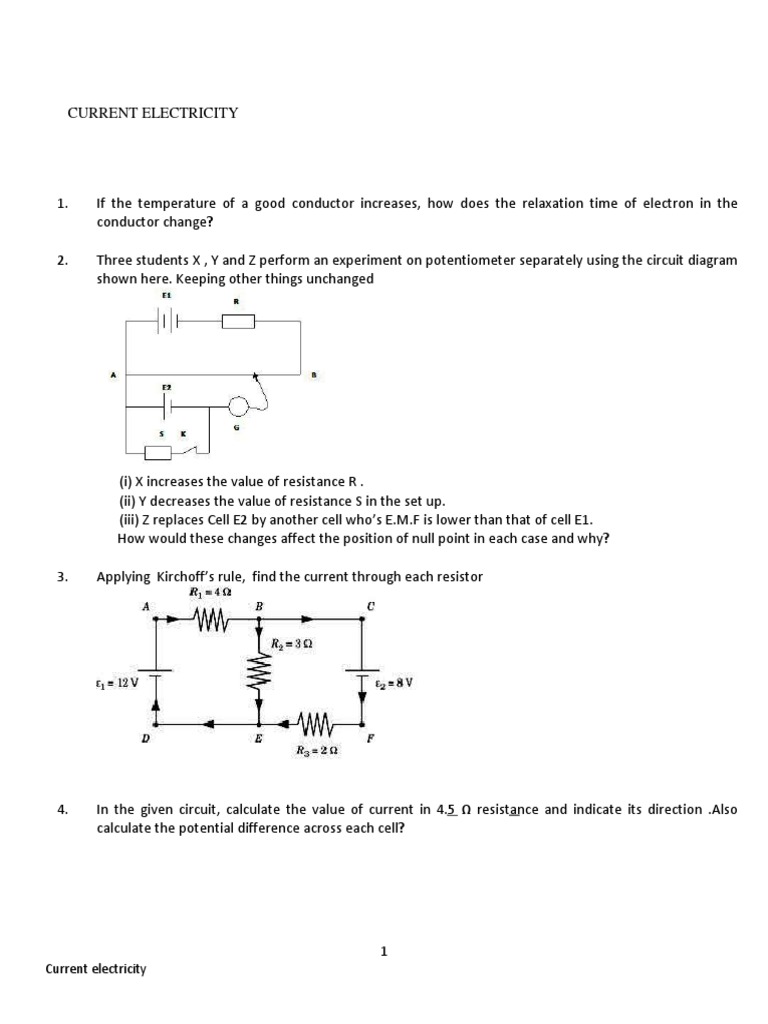 Current Electricity Worksheet | PDF | Electric Current | Electrical ...