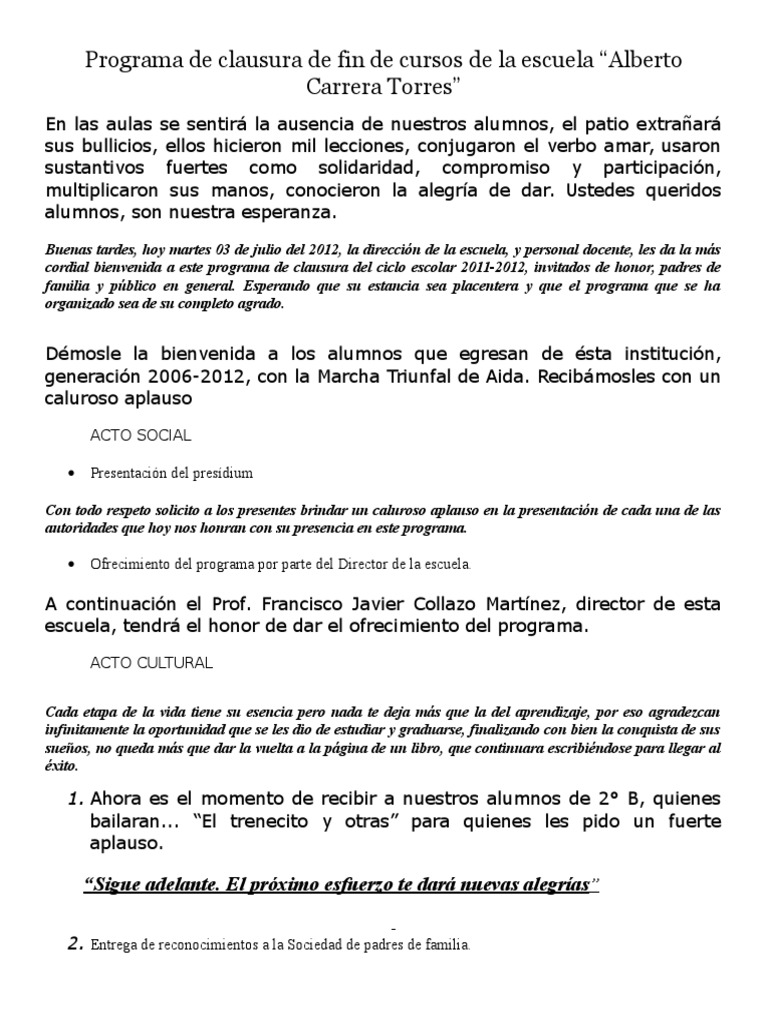 Programa de Clausura de Fin de Cursos de La Escuela "Alberto Carrera Torres" | PDF ...