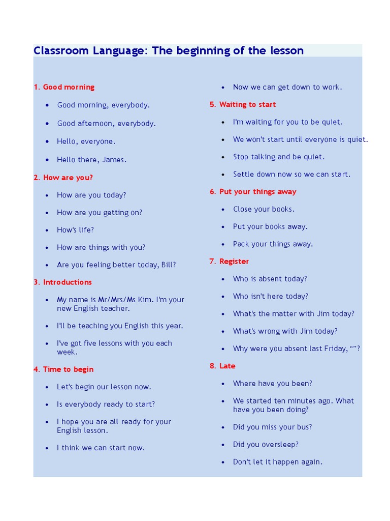 Classroom Language: The Beginning of The Lesson: 1. Good Morning 5 ...