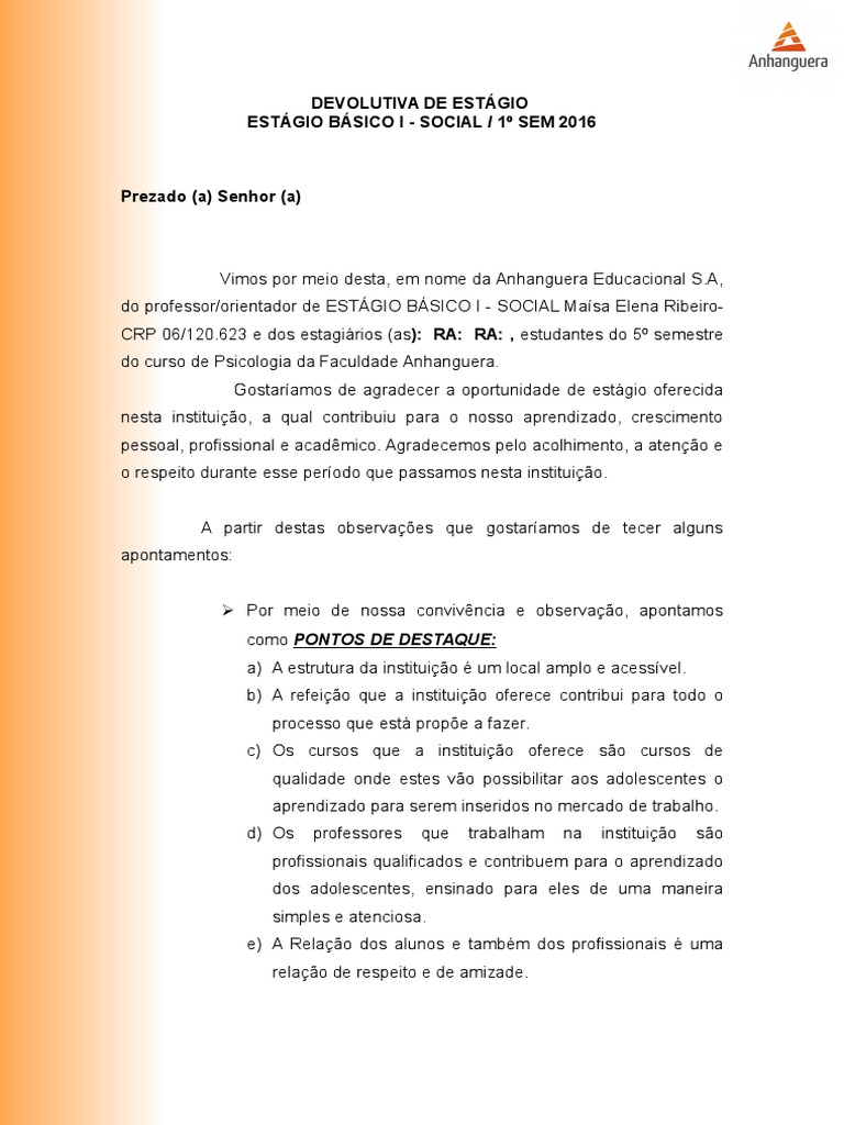 Devolutiva Estágio | PDF | Adolescência | Aprendizado