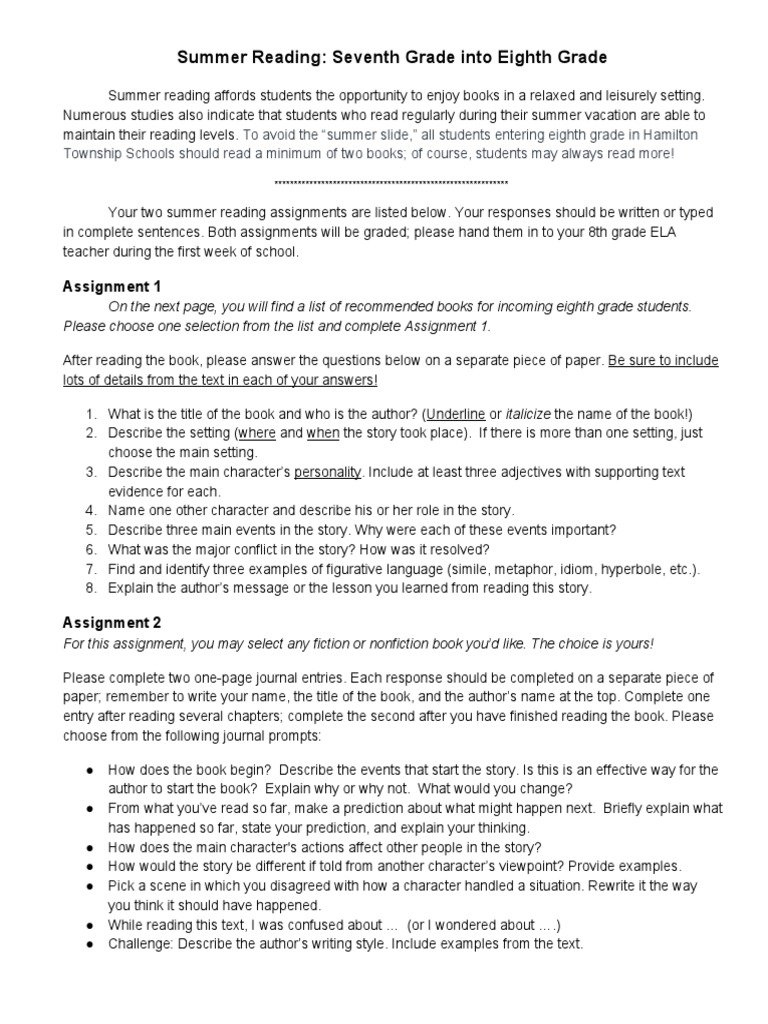 Summer Reading Assignments: Choosing Books and Responding to Content to ...