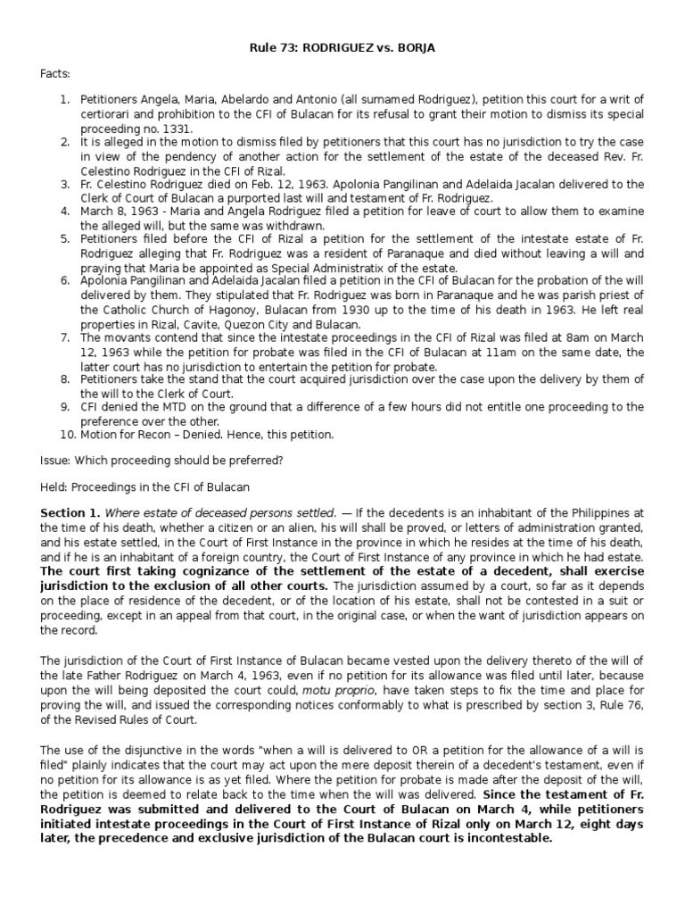 Rule 73 Rodriguez Vs Borja | PDF | Will And Testament | Probate