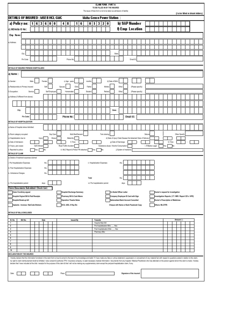 MSEB - Claim - Form 2016 MahaGenco | Download Free PDF | Invoice | Hospital