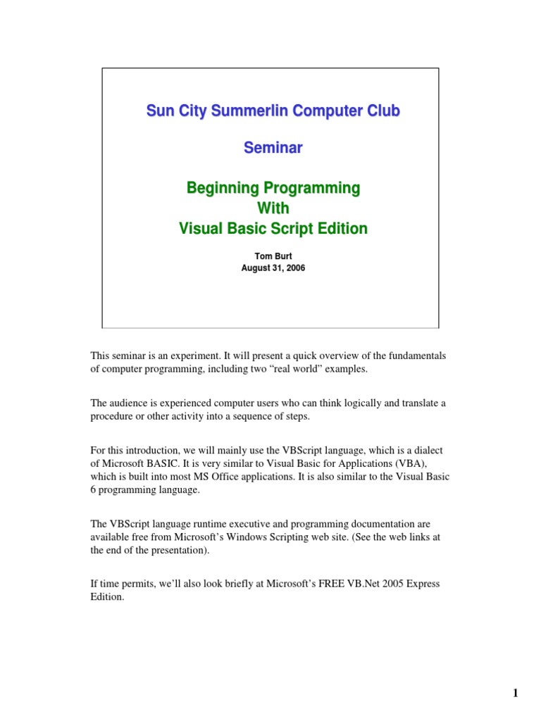 VBScript Beginning Programming | PDF | Control Flow | Visual Basic For Applications